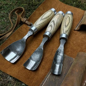 Set of 3 Bent Gouge With Leather Case. Spoon Carving Tools. Woodworking ...