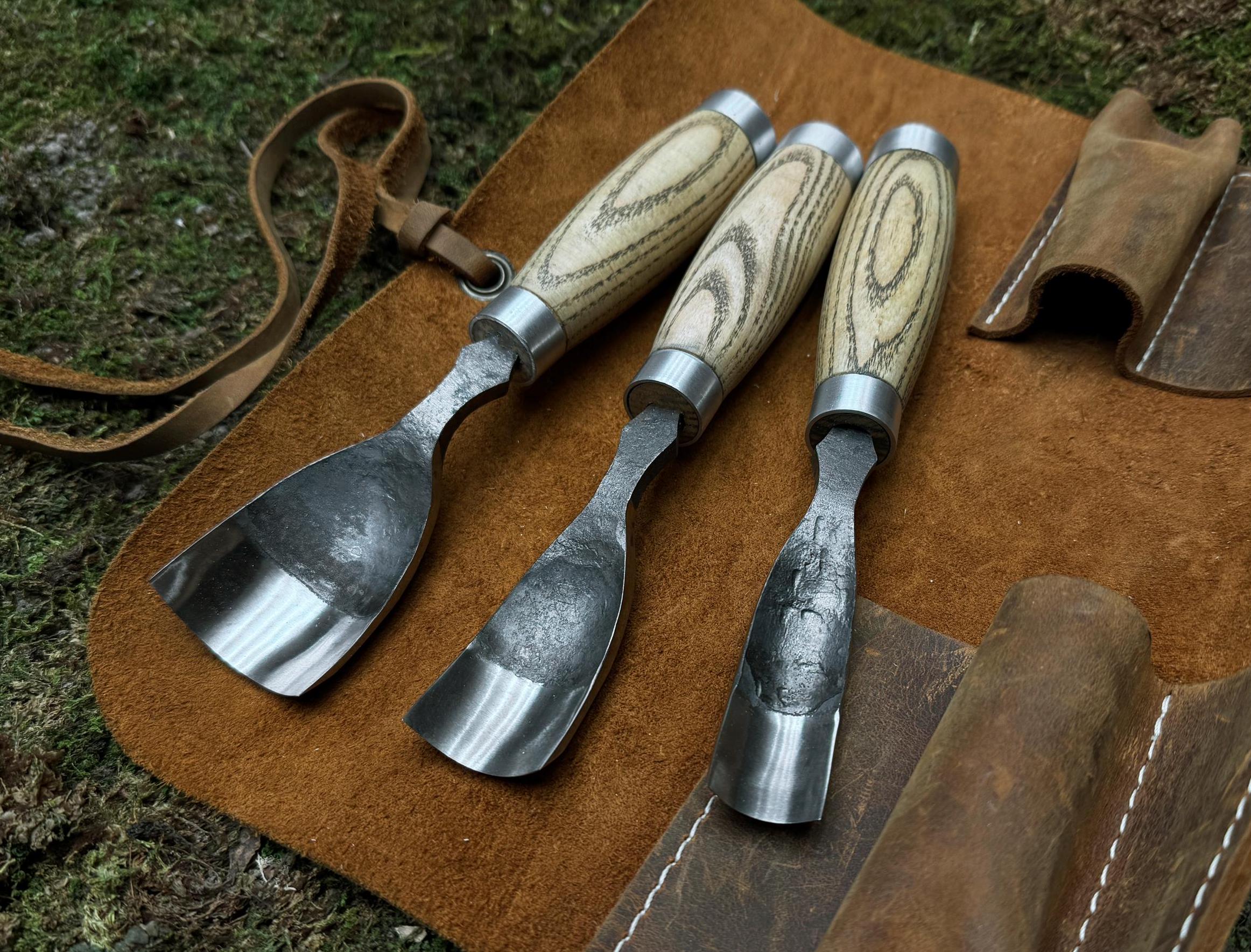 Set of 3 Bent Gouge With Leather Case. Spoon Carving Tools. Woodworking ...
