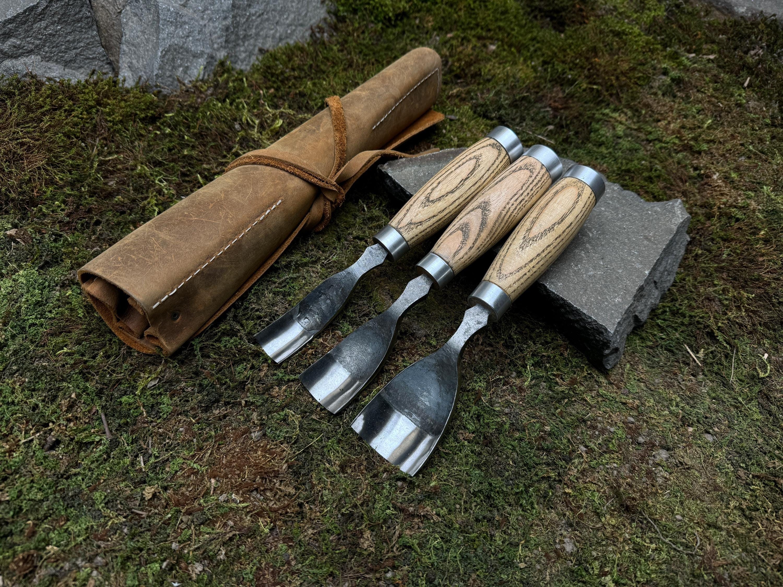 Set of 3 Bent Gouge With Leather Case. Spoon Carving Tools. Woodworking ...