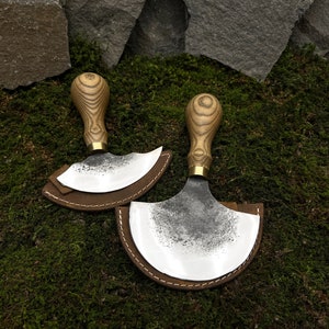 Set of 2 Leather Round Knife With Cases. Half Moon Blades. Skinning ...