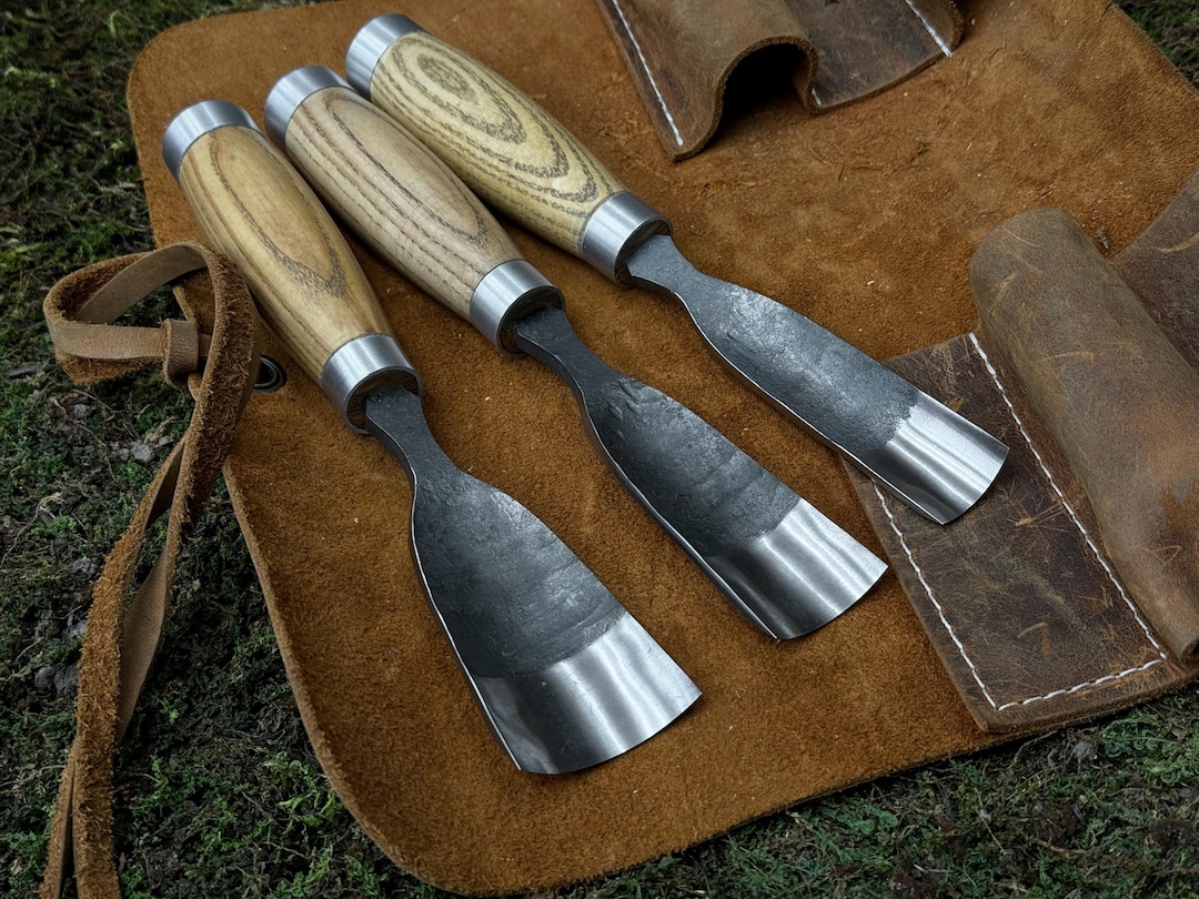 Set of 3 Wood Carving Gouge With Leather Case. Chisels for Woodworkers ...