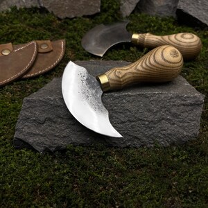 Set of 2 Leather Round Knife With Cases. Half Moon Blades. Skinning ...