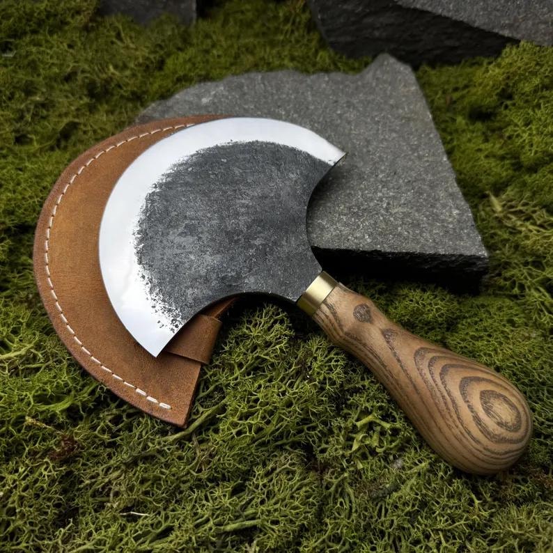 Set of 2 Leather Round Knife With Cases. Half Moon Blades. Skinning ...