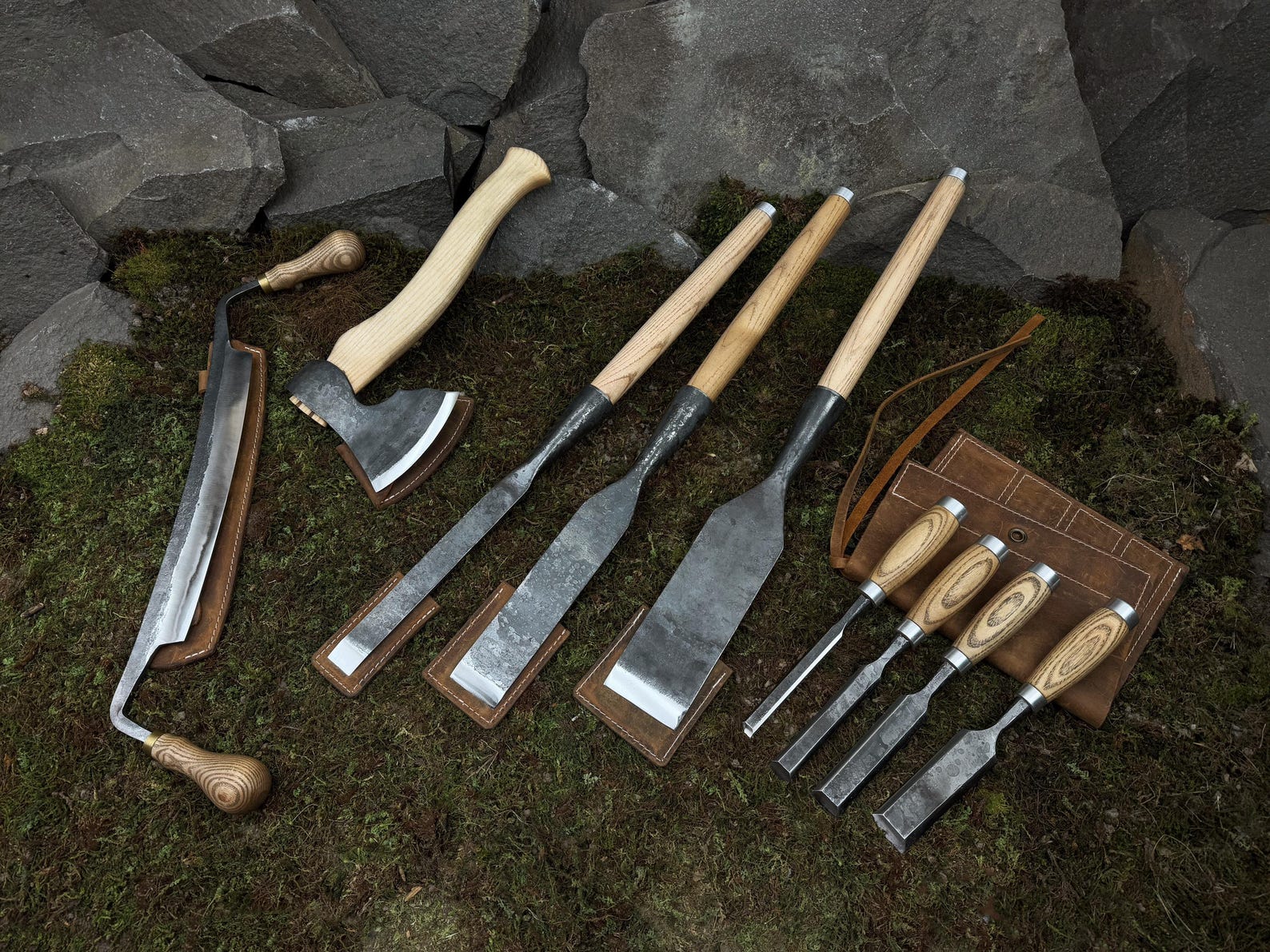 Set Woodworking Tool 9-piece With Leather Cases. Carving Chisels ...