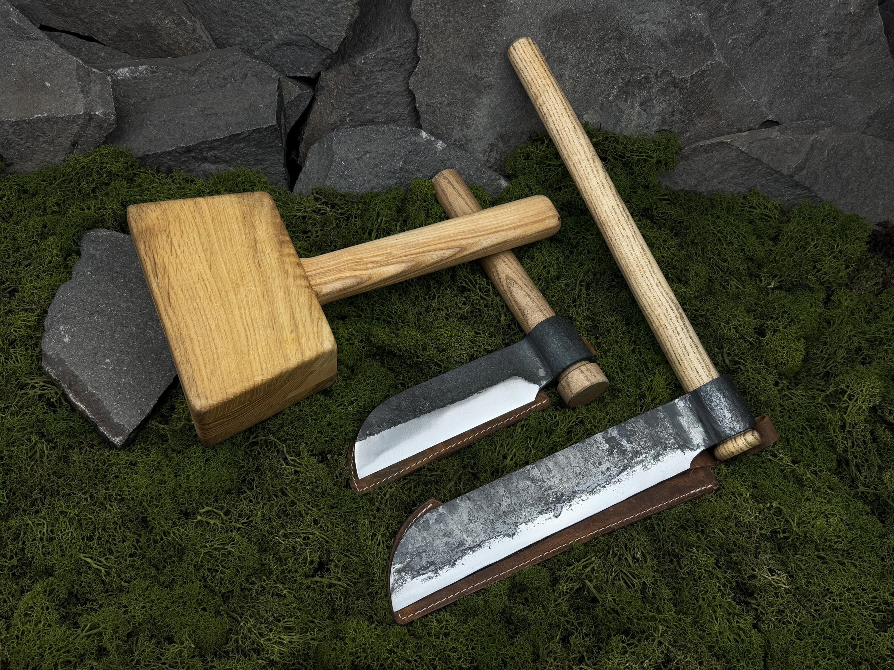 Set Splitting Froe and Wooden Mallet With Leather Cases. Tools for ...