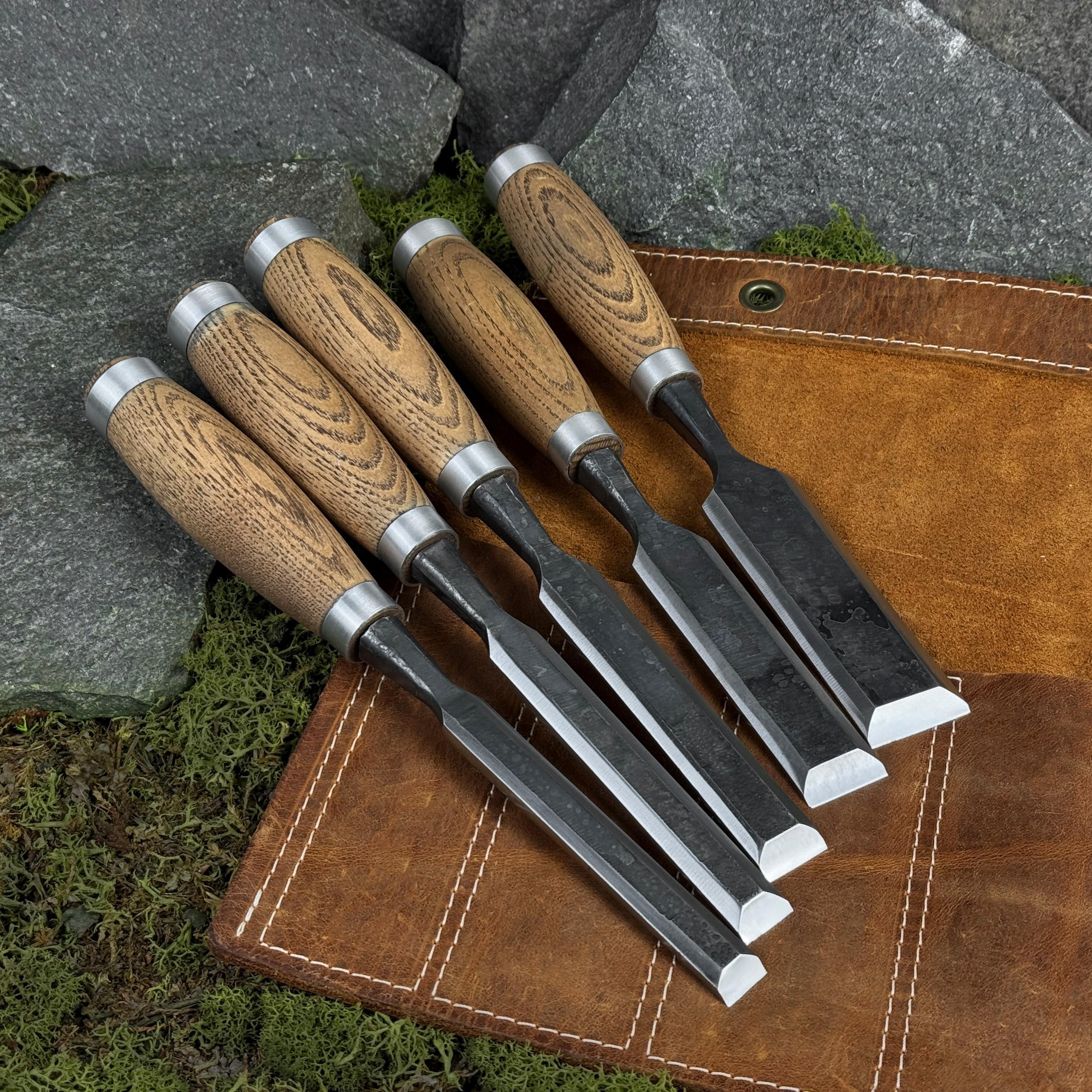 5-piece Bevel Edge Chisel Set With Leather Case. Wood Carving Tools ...