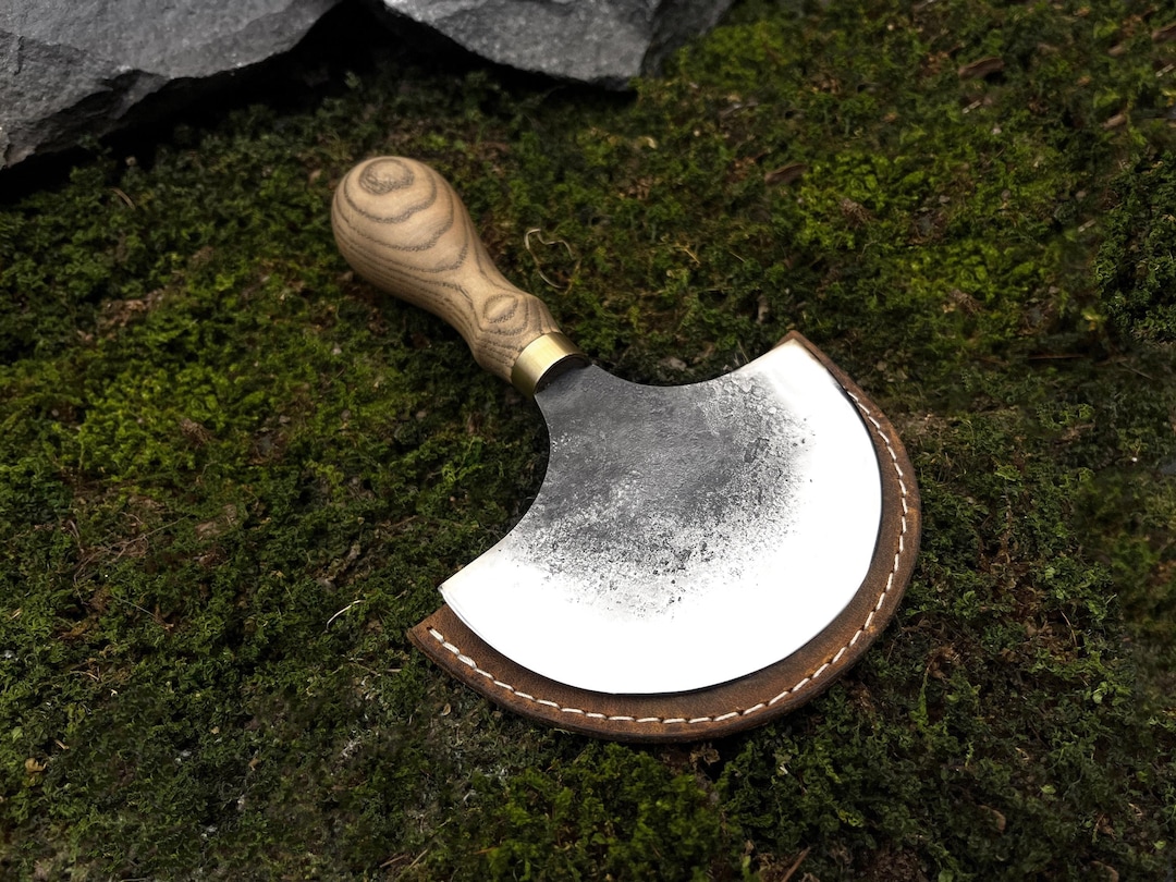 Half Moon Knife With Leather Case. Round Cutting Skinning Tool ...