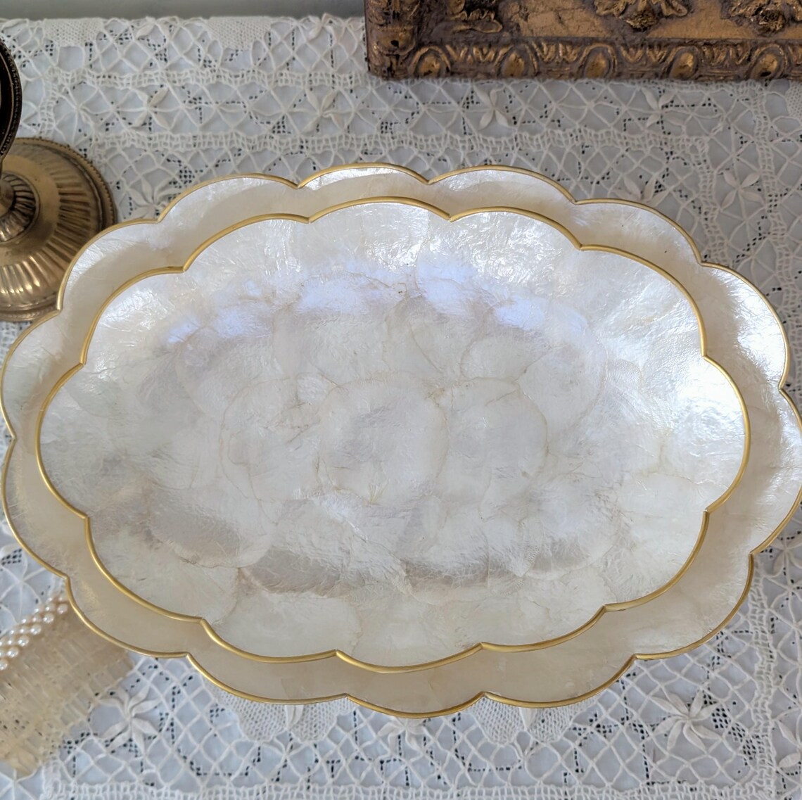 Pair Vintage Capiz Scalloped Trays Pretty Table Decor - Etsy