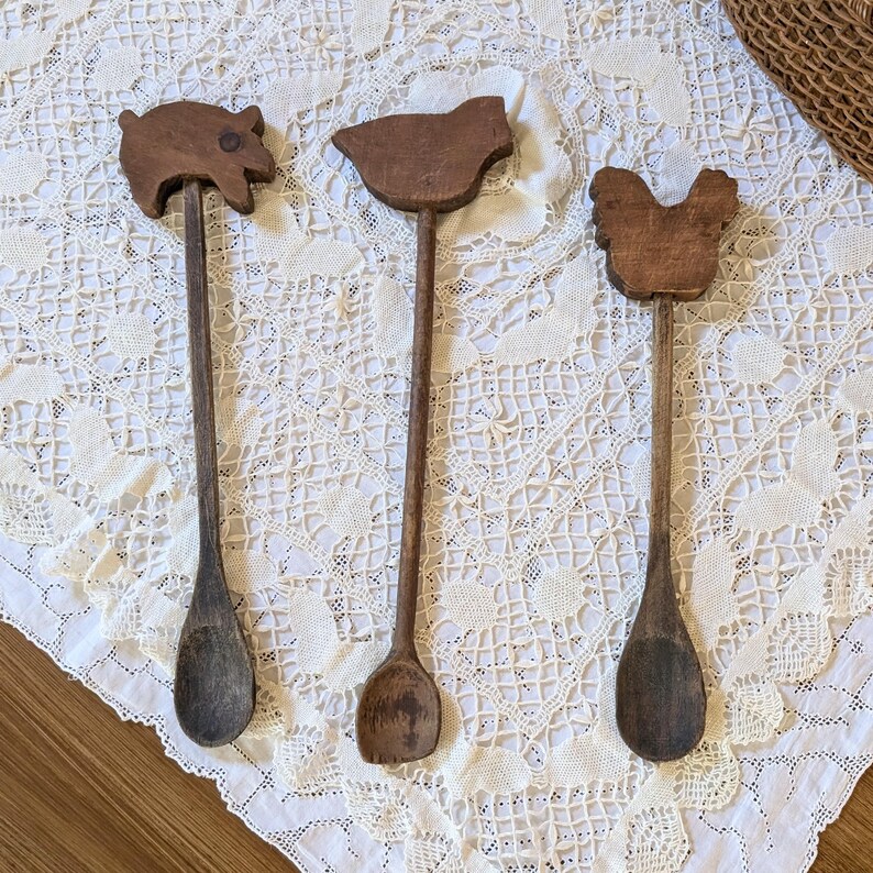 Antique French Wooden Spoon Set Hand Carved Cottage Core Rustic Kitchen ...