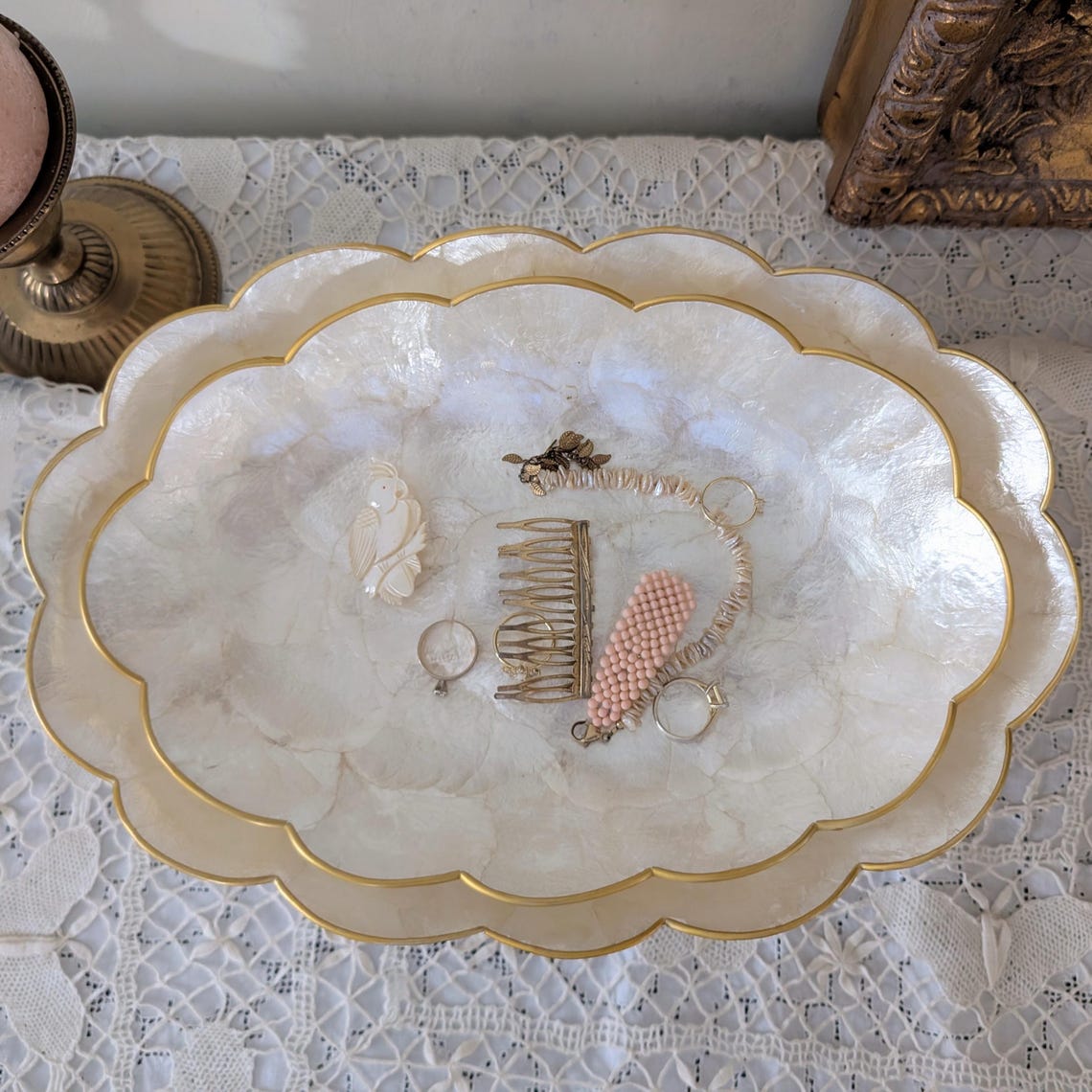 Pair Vintage Capiz Scalloped Trays Pretty Table Decor - Etsy