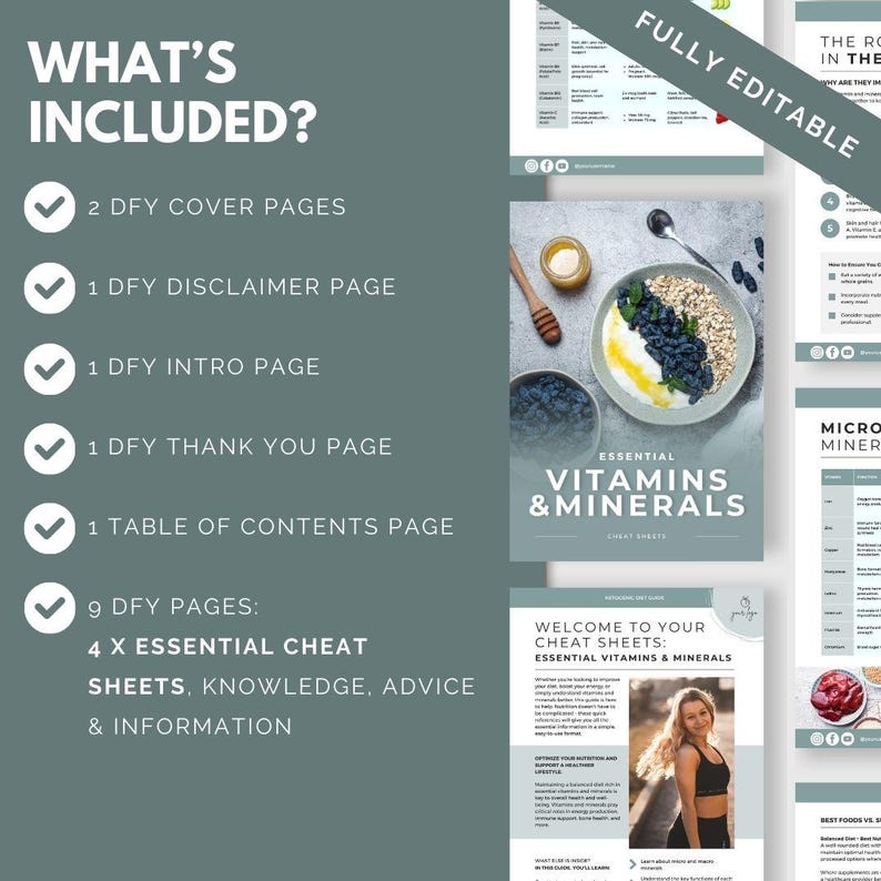 Vitamins and Minerals Cheat Sheet GUIDE, Canva Template, Nutrition ...