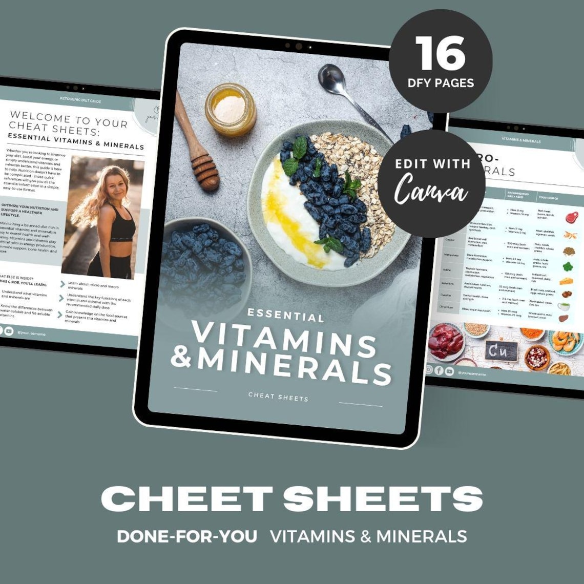 Vitamins and Minerals Cheat Sheet GUIDE, Canva Template, Nutrition ...