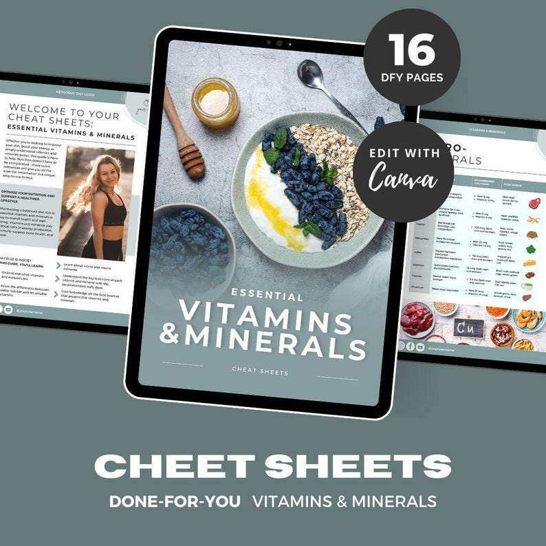 Vitamins and Minerals Cheat Sheet GUIDE, Canva Template, Nutrition ...
