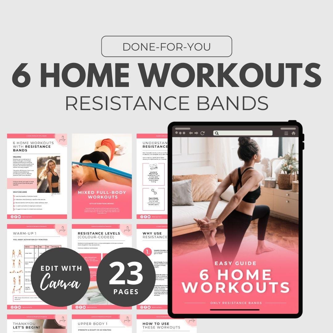 6 Home Workouts Resistance Bands Plan, Fitness Program Template for ...
