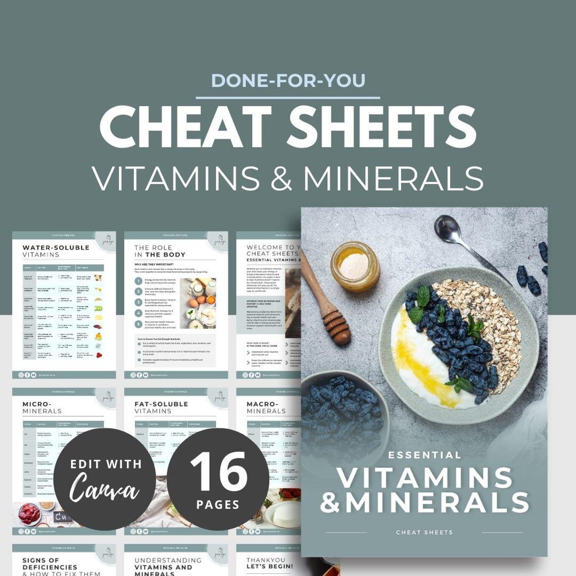 Vitamins and Minerals Cheat Sheet GUIDE, Canva Template, Nutrition ...