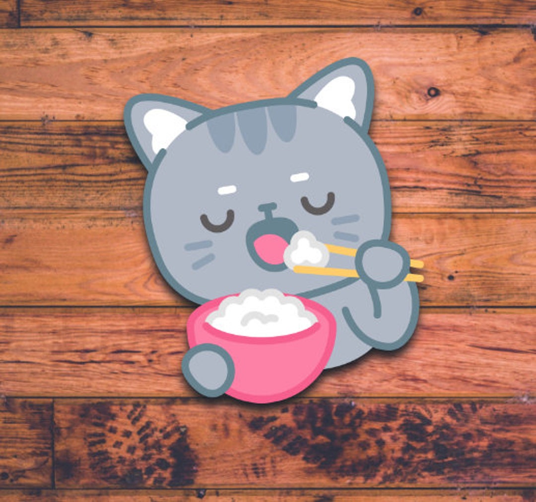 Cute Cat Eating Rice Sticker, Cat Sticker for Laptop, Cat Sticker for ...