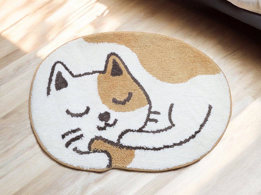 Sleeping Cat Rug, Kitten Rug, Brown White Fluffy Rug, Cute Comfy Mat ...