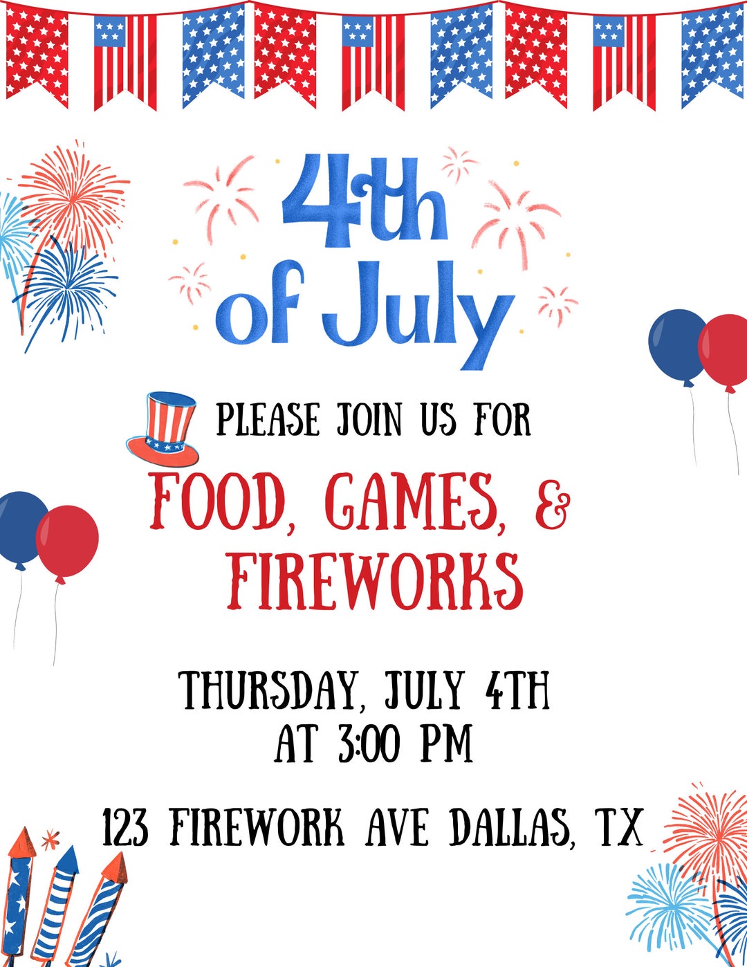 4th of July Invitation Template - Etsy