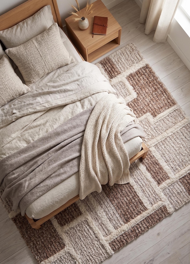 Hand-knotted Wool Rug, Geometric Block Pattern, Beige Ivory Brown Tones ...