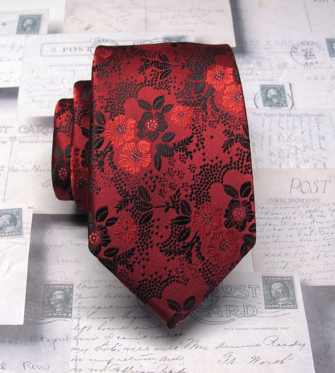 Necktie Red Black Floral Slim Tie With Matching Pocket Square Option - Etsy