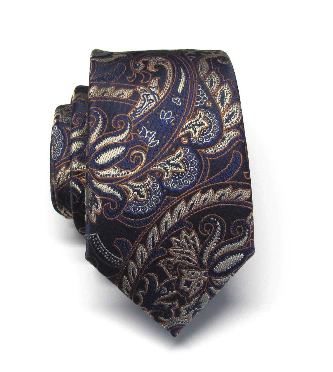 Mens Tie Navy Blue Royal Blue Copper Rust Floral Paisley Silk Necktie ...