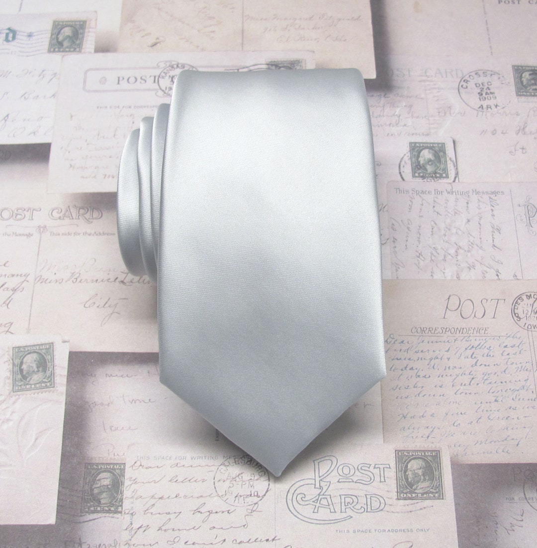 Mens Ties Silver Narrow Silk Necktie With Matching Pocket Square ...