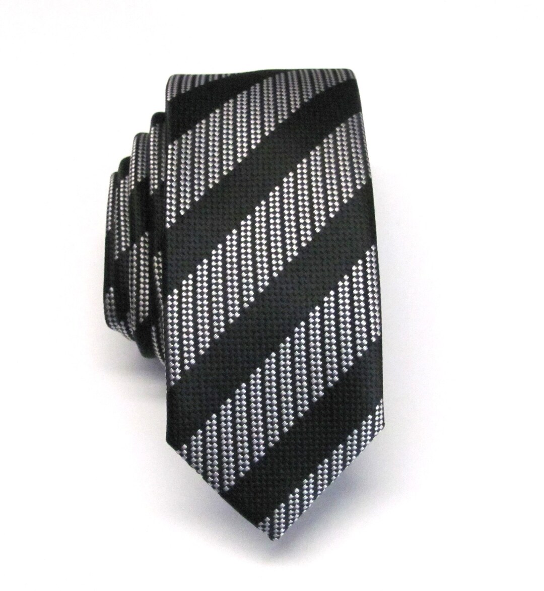 Skinny Tie Black Silver Stripe Slim Necktie - Etsy