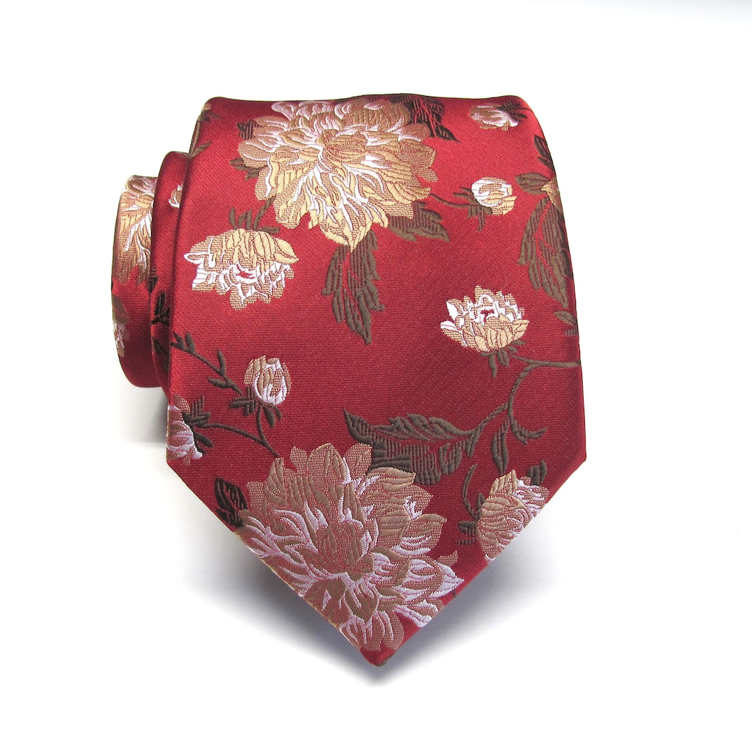 Mens Ties Red Gold Floral Mens Silk Necktie With Matching Pocket Square ...