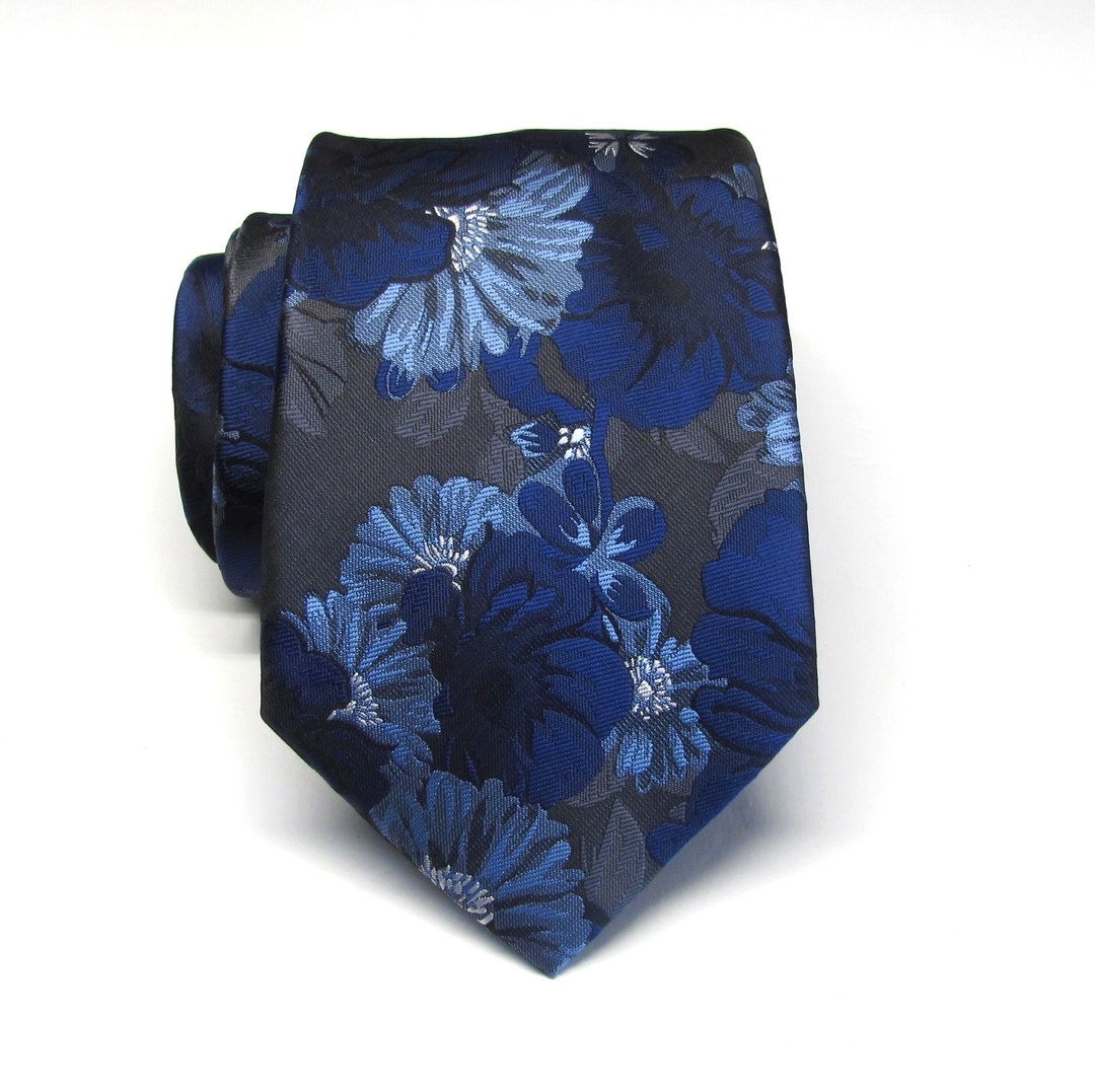 Royal Blue Periwinkle Blue on Dark Gray Floral Necktie Wedding Ties ...