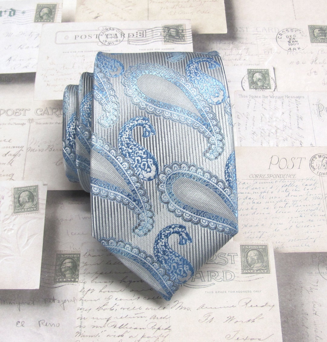 Necktie Silver Gray Blue Paisley Mens Tie - Etsy