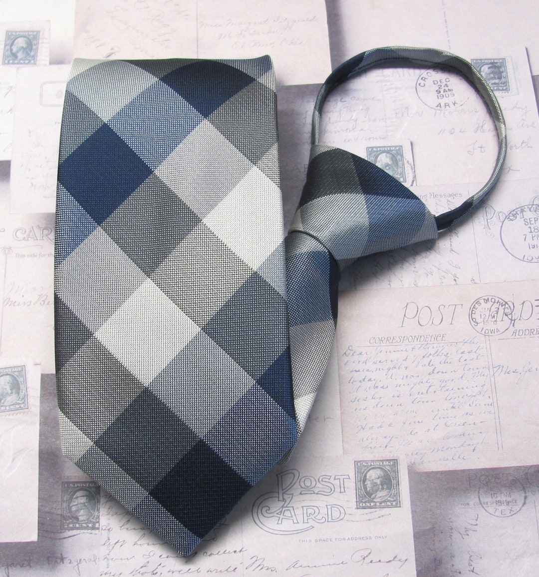 Zipper Necktie Navy Blue Gray off White Plaid Zip up Adjustable Pre ...