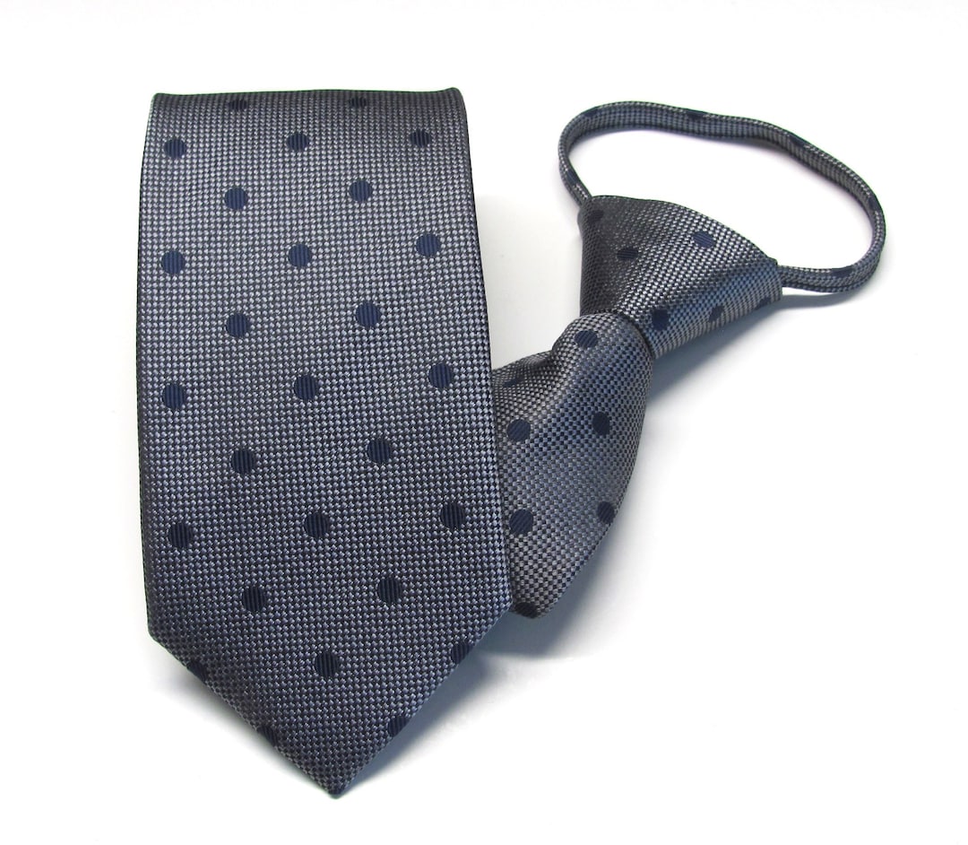 Zipper Necktie Gray Navy Blue Polka Dot Zip up Adjustable Pre Tied Mens ...