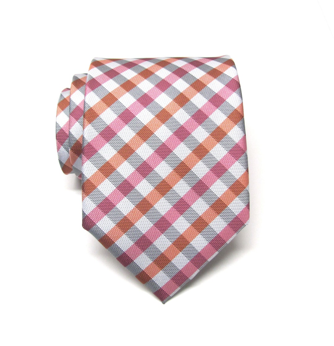 Mens Necktie Gray Raspberry Peach Orange Checkers Mens Tie - Etsy
