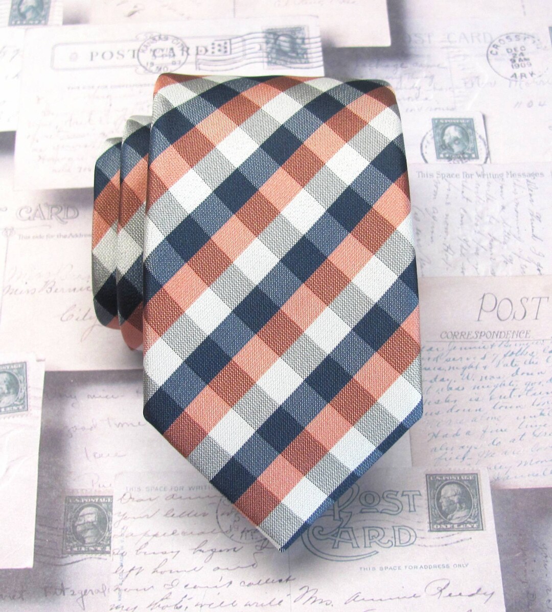 Mens Tie Navy Blue Peach Gray Checkers Silk Necktie With Matching ...