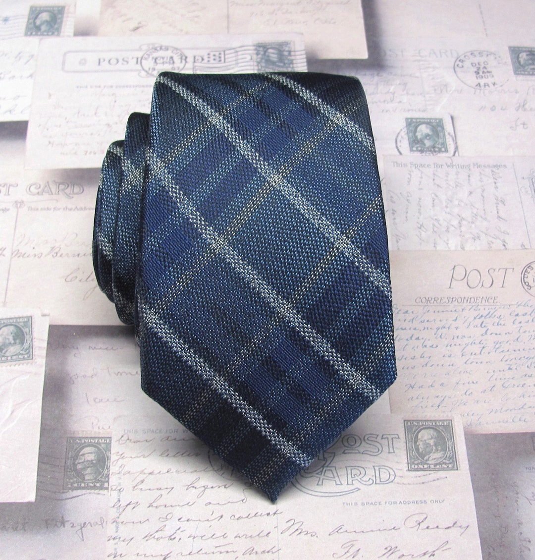 Blue Gray Plaid Slim Modern Fit Necktie With Matching Pocket Square ...