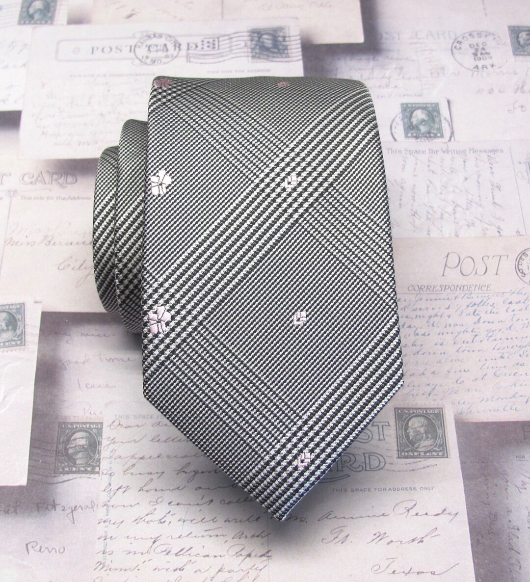 Black Silver Plaid Pink Floral Necktie With Matching Pocket Square ...