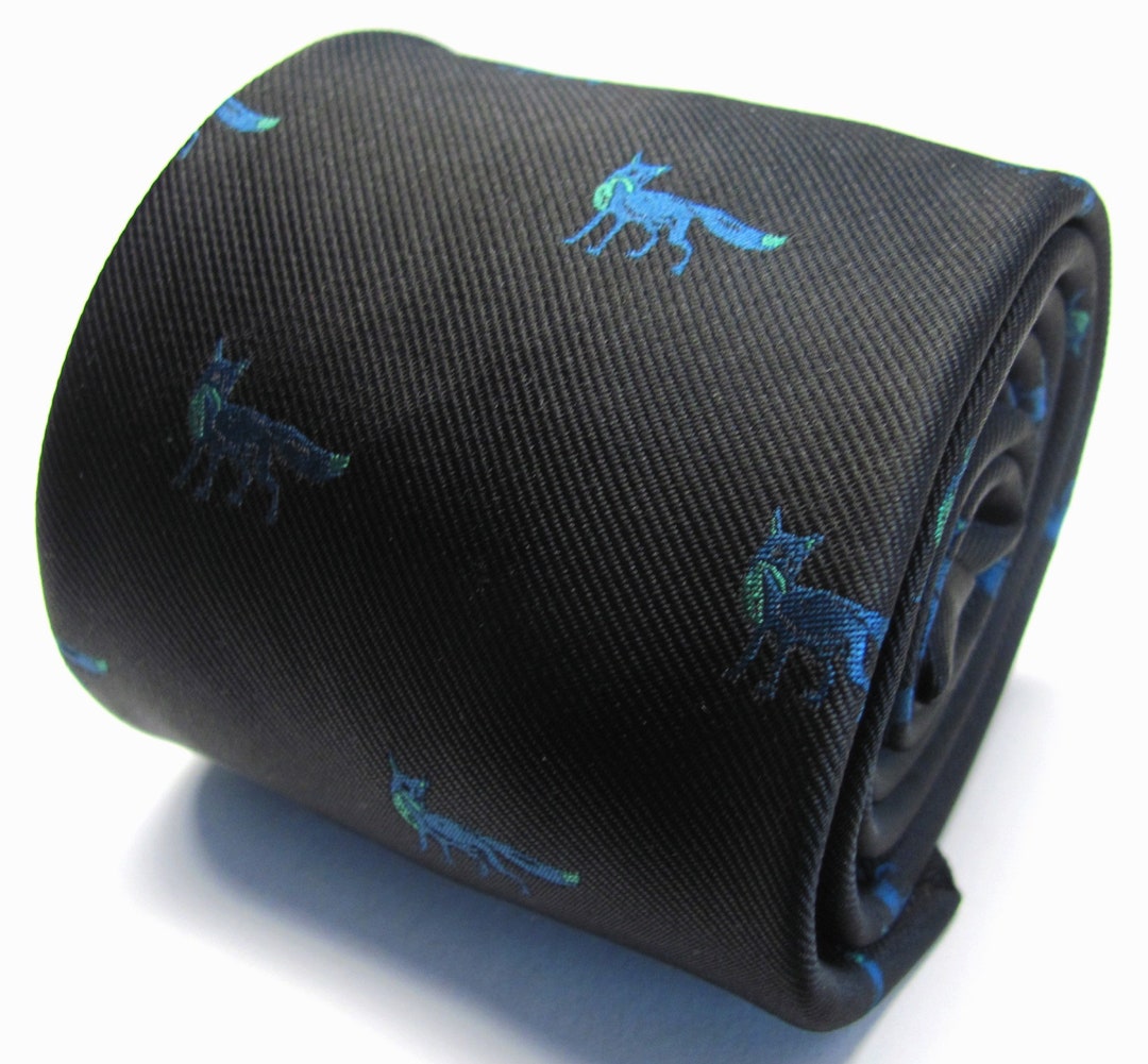 Black Woven Tie With Blue Green Fox Design Necktie - Etsy