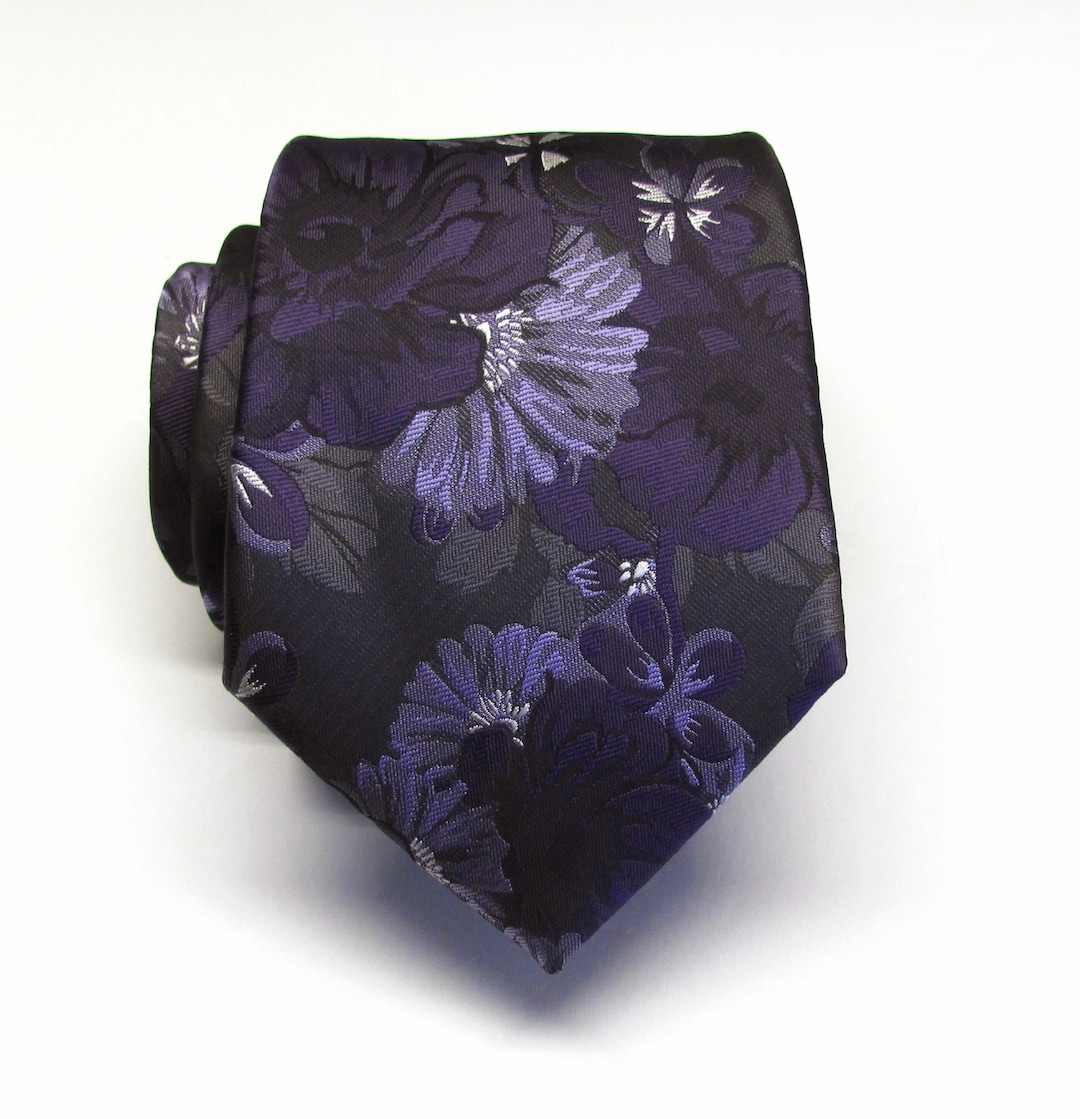 Lavender Eggplant Purple on Dark Gray Floral Necktie Wedding Ties With ...