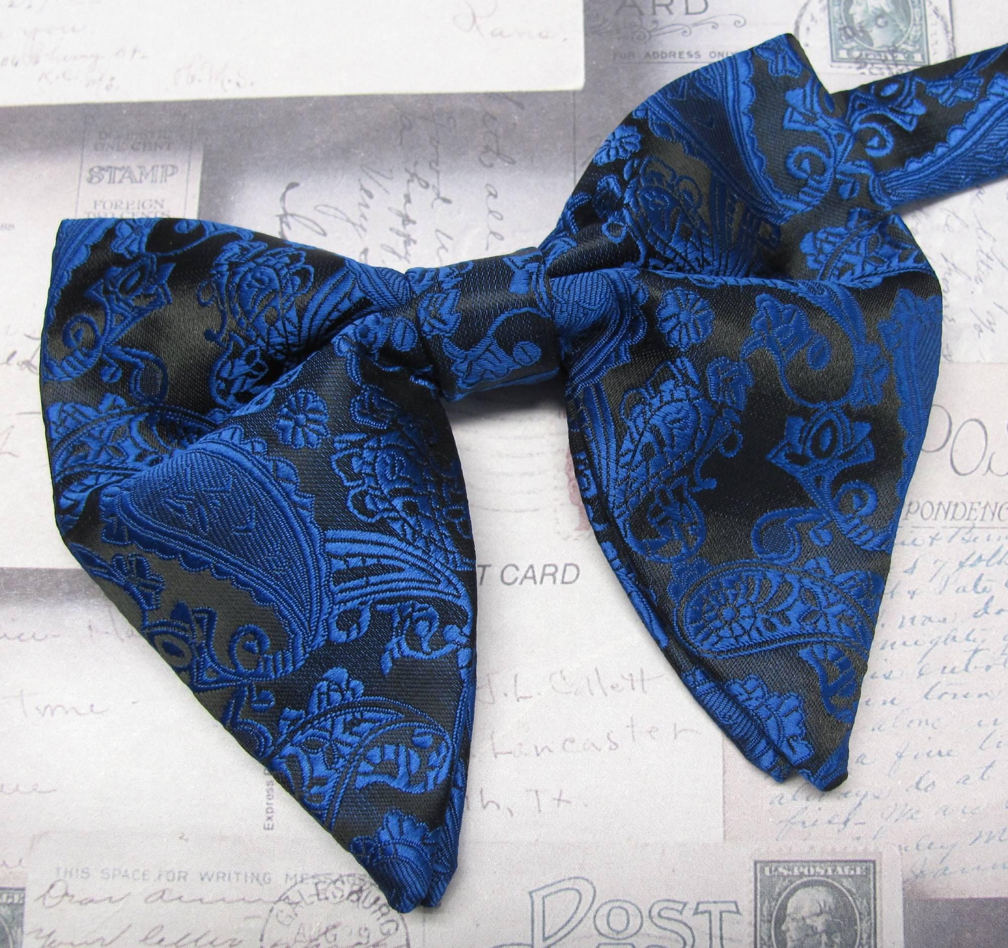 Royal Blue Paisley on Black Butterfly Bow Tie Tear Drop Long Pre Tied ...