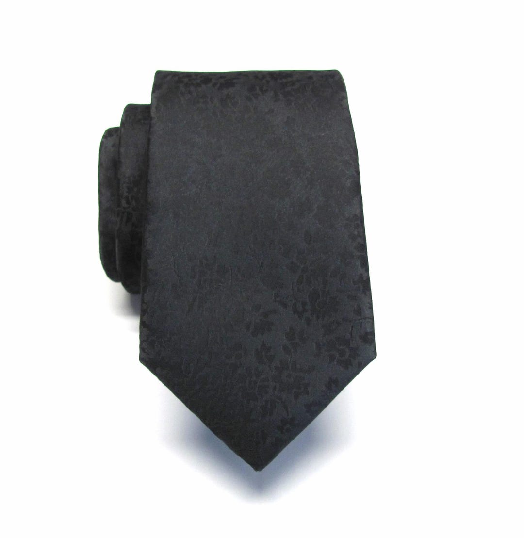 FREE POCKET SQUARE Slim Tie Black Floral Mens Silk Necktie With ...