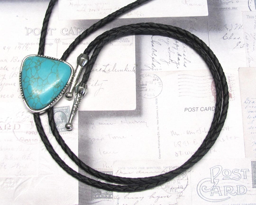 Bolo Tie Triangle Blue Stone With Silver Trim Faux Leather Western ...