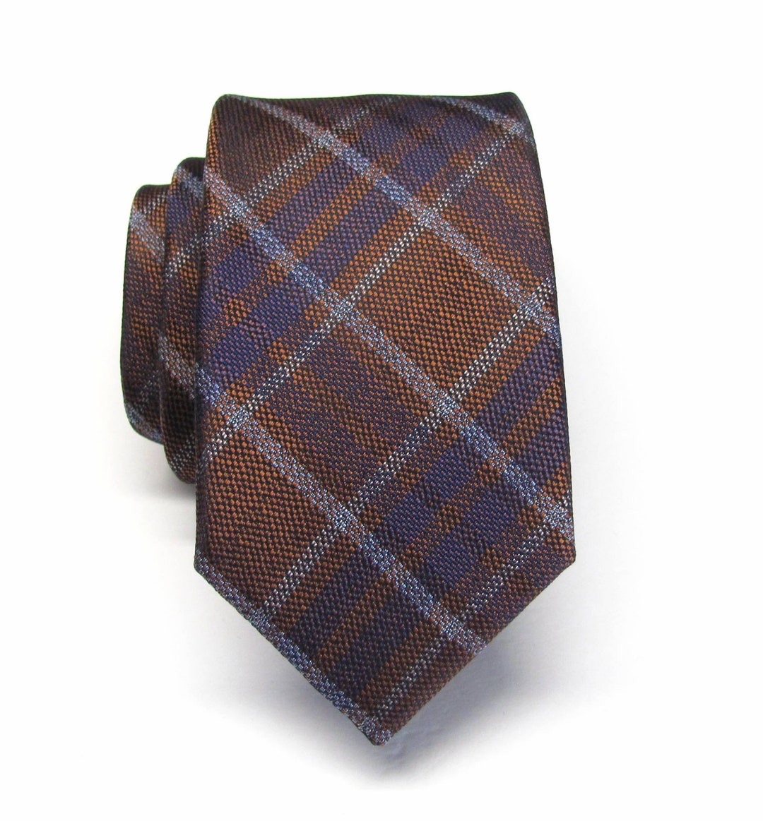 Mens Tie Brown Purple Silver Plaid Silk Necktie With Matching Pocket ...