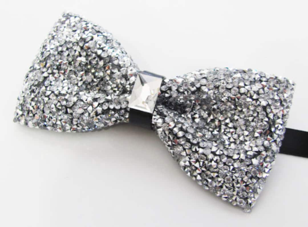 Mens Crystal Bow Tie Beaded Crystal Silver Adjustable Pre Tied Bow Tie ...