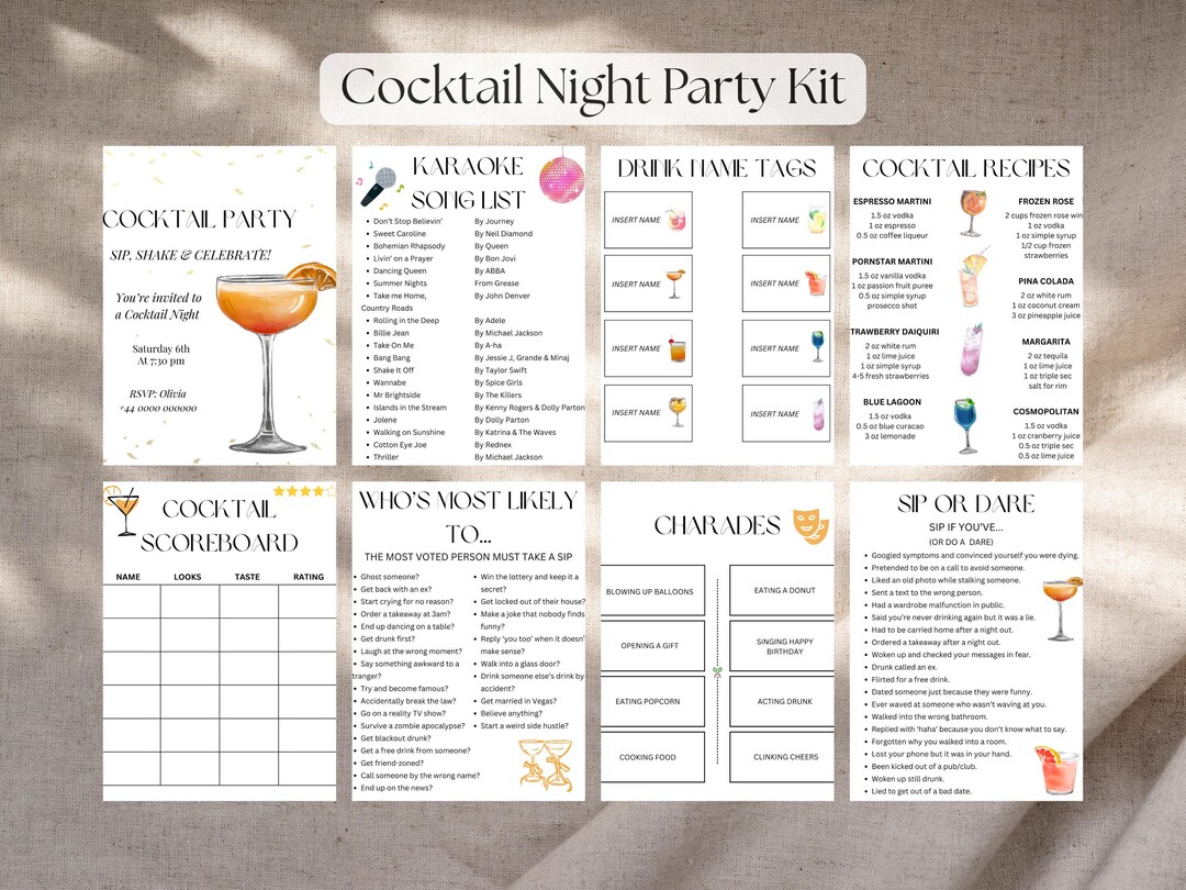 Cocktail Night Party Kit, Printable Party Kit, Editable Party Games ...