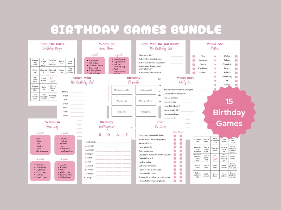 Printable Birthday Games Bundle: 15 Fun Party Games (PDF Download) - Etsy