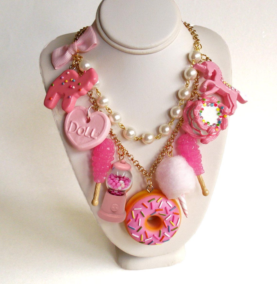 Cute Charm Jewelry, Pink Candy Necklace, Pink Charm Statement Necklace ...
