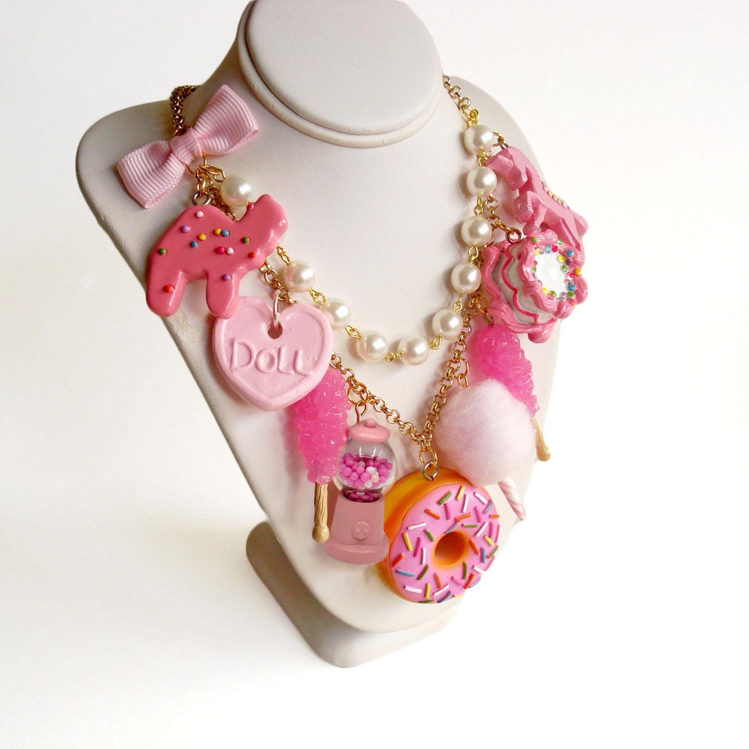 Cute Charm Jewelry, Pink Candy Necklace, Pink Charm Statement Necklace ...