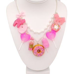Pink Candy Necklace, Pink Charm Statement Necklace, Pink Donut Pendant ...