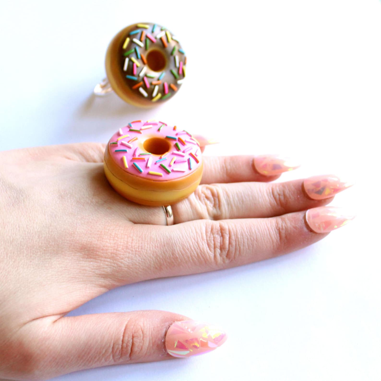 Donut Ring Miniature Food Large Pink Chocolate Doughnut Two - Etsy