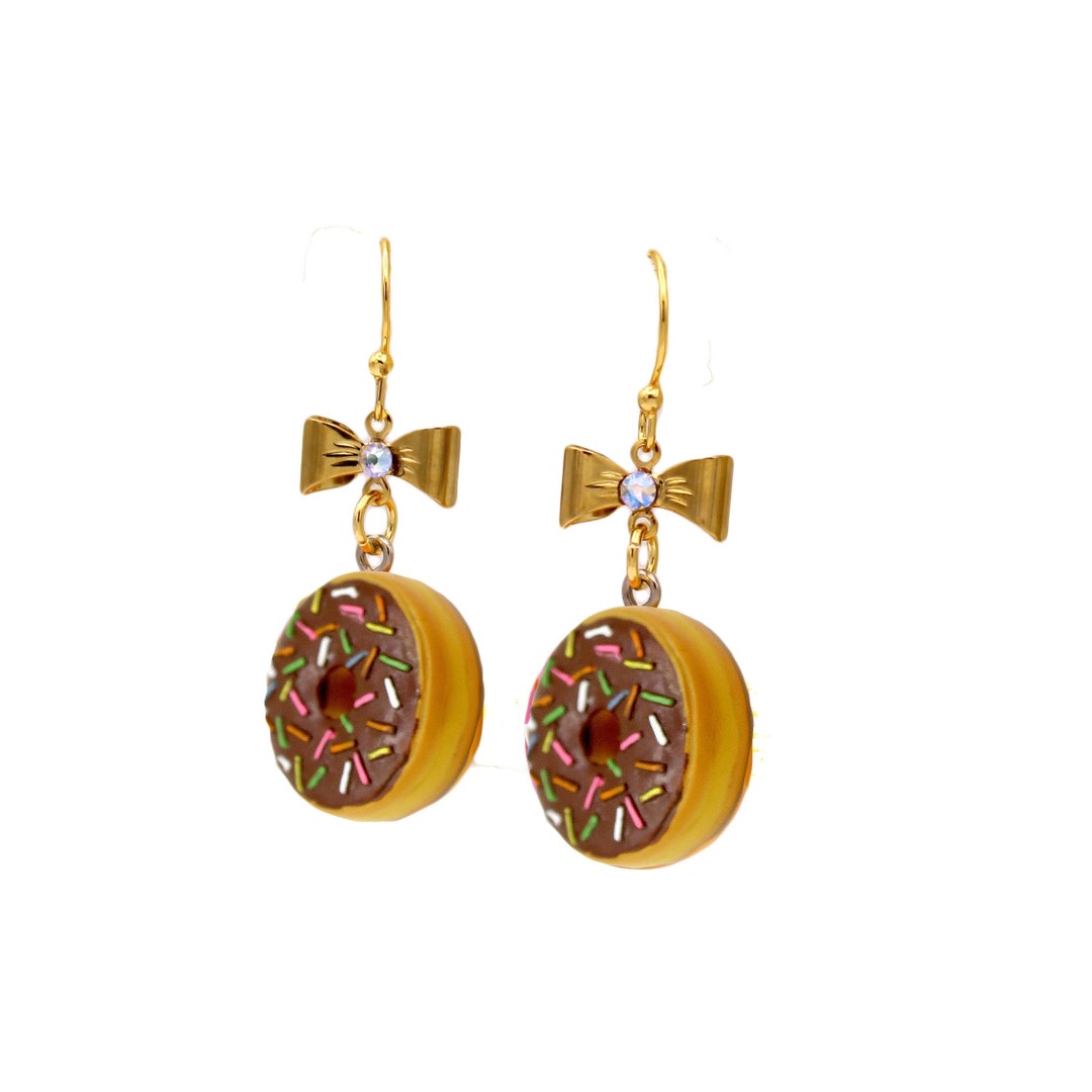 Handmade Donut Dangle Earrings, Gold or Silver, Kitsch Pink Doughnut ...